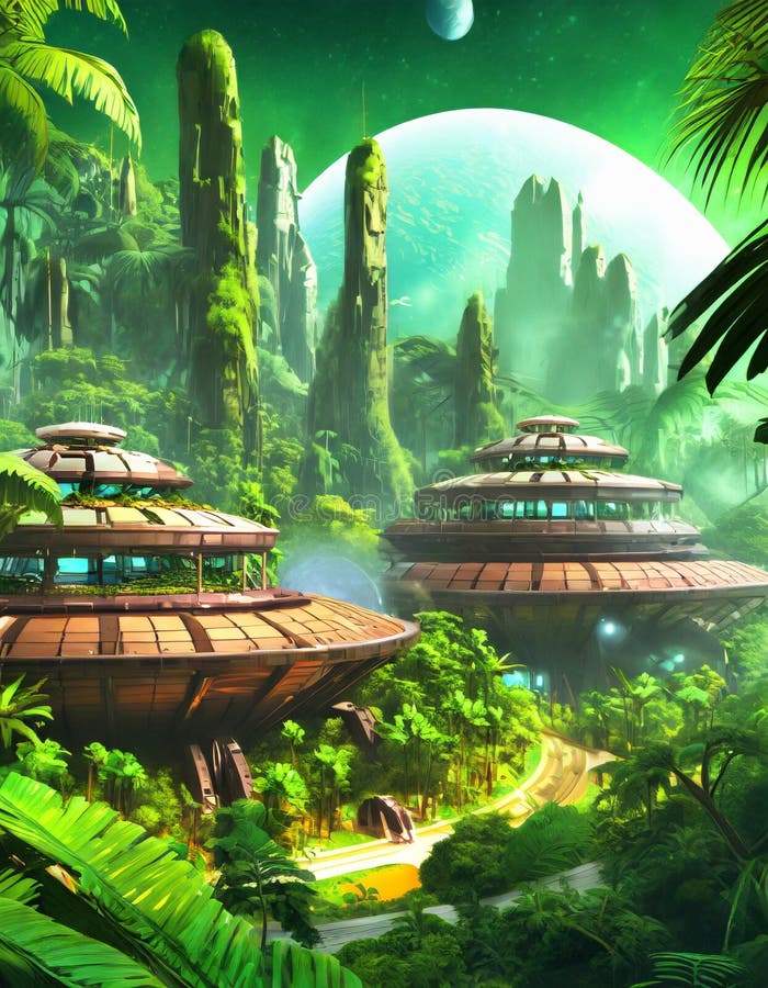 A Space Colony on a Green Planet Stock Illustration - Illustration of ...