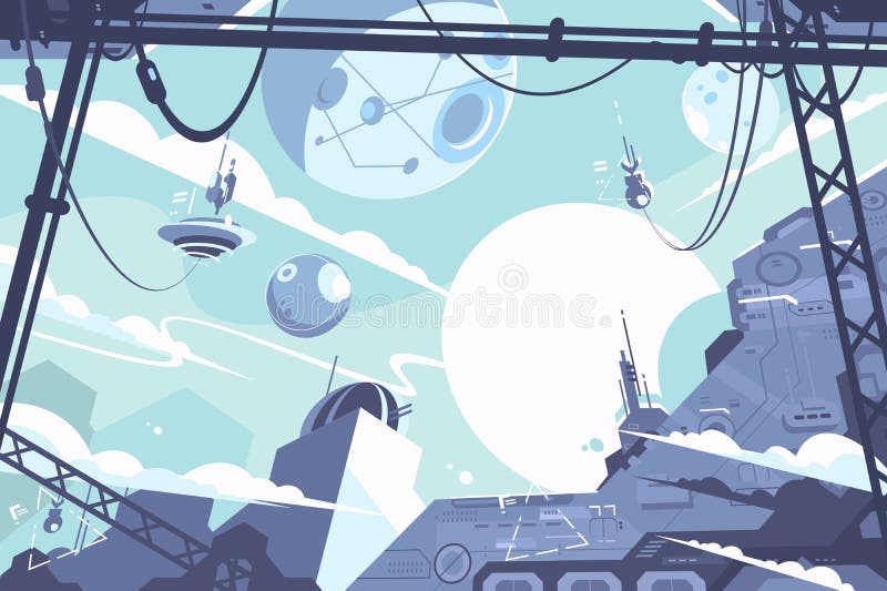 Space Colony with Rockets and Stations Stock Illustration ...