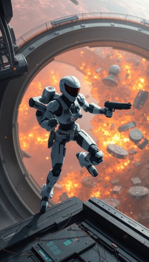 Space Combat Robot in Action Stock Illustration - Illustration of hero ...