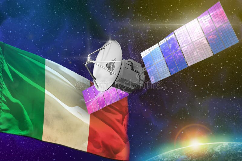 Space Communications Technology Concept - Satellite with Italy Flag, 3D ...
