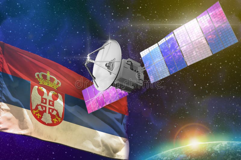 Space Communications Technology Concept - Satellite with Serbia Flag ...