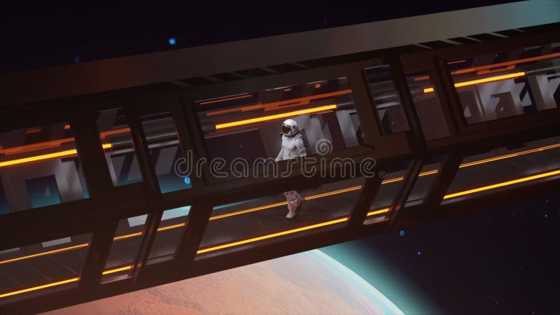 Space Concept. Astronaut Going through the Long Tunnel To Another ...