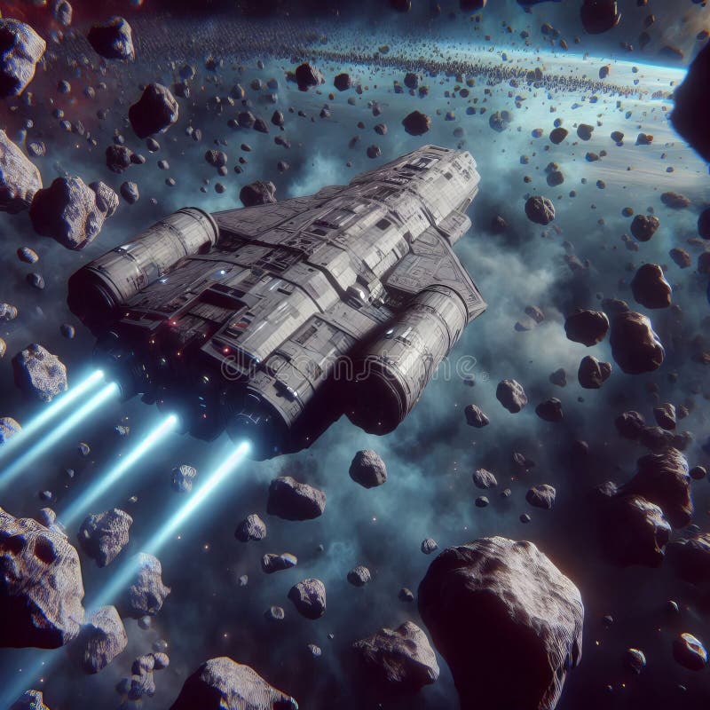 A Space Cruiser Navigating through a Dense Asteroid Field, Its Stock ...