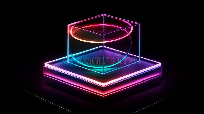 In a Space with a Dark, Reflective Grid, a Cube Emits a Neon Glow Stock ...