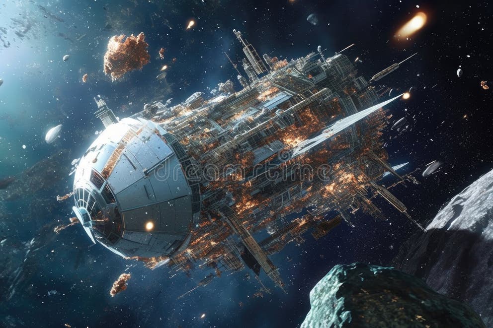 Space Debris Colliding with Decaying Spaceship Stock Illustration ...