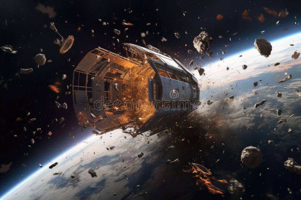 Space Debris Colliding with Decaying Spaceship Stock Illustration ...