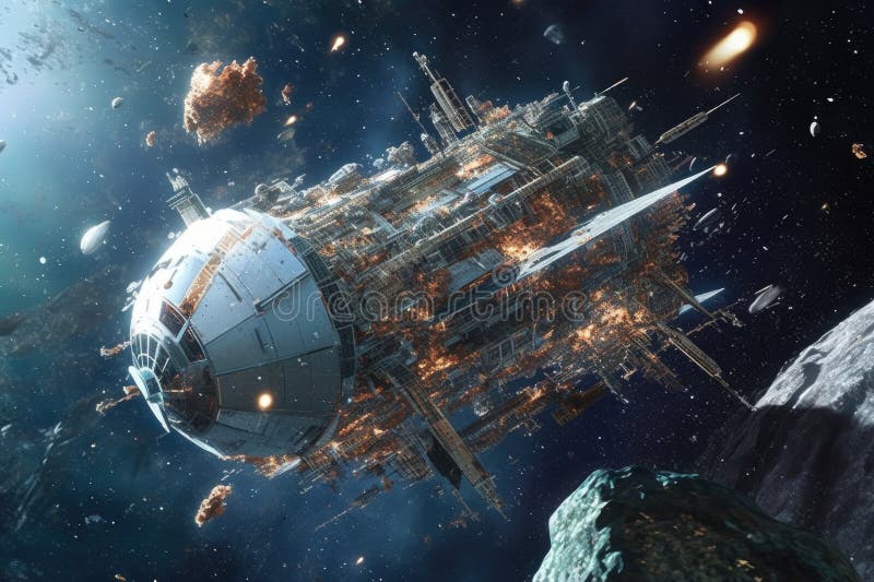 Space Debris Colliding with Decaying Spaceship Stock Image - Image of ...