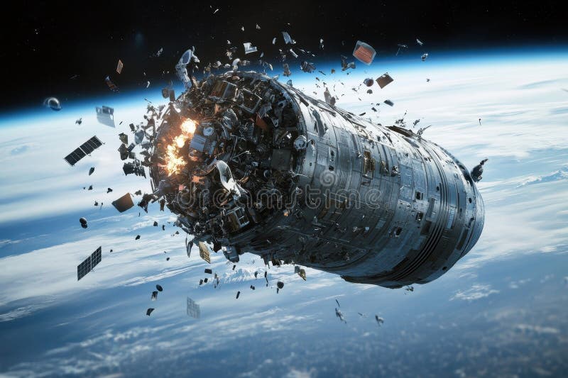 Space Debris and Satellite Explosion Above Earth during Mission Stock ...