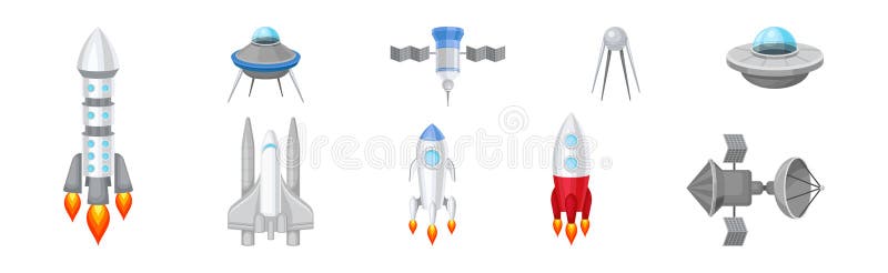 Space Discovery Object with Shuttle and Rocket for Universe Exploration Vector Set Stock Vector ...
