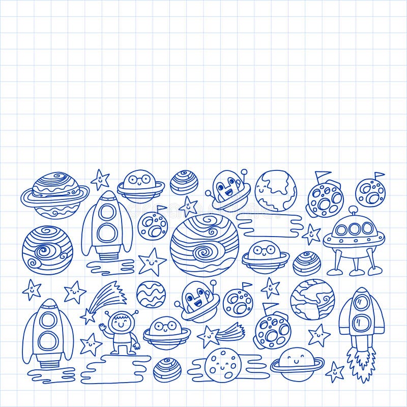 Space Doodle Pattern with Teacher and Students in Doodle Style. School ...