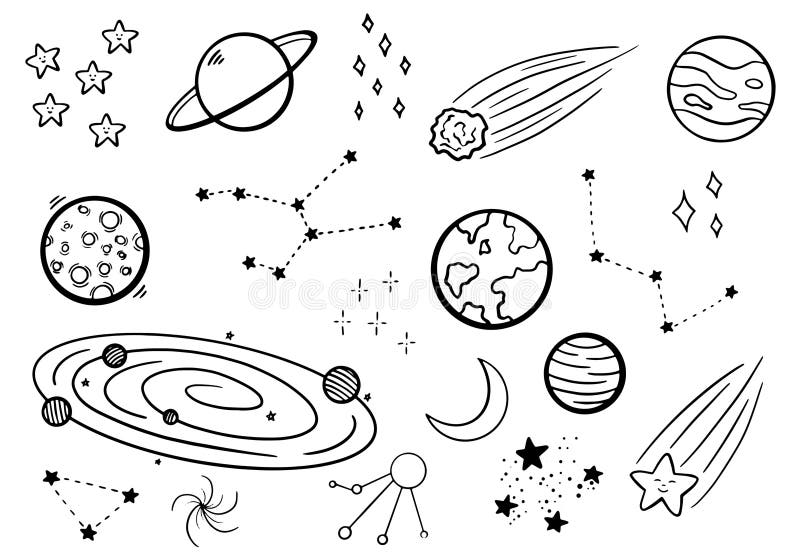 Space Vector Doodle Set of Illustrations with Planets and Stars, Meteor ...