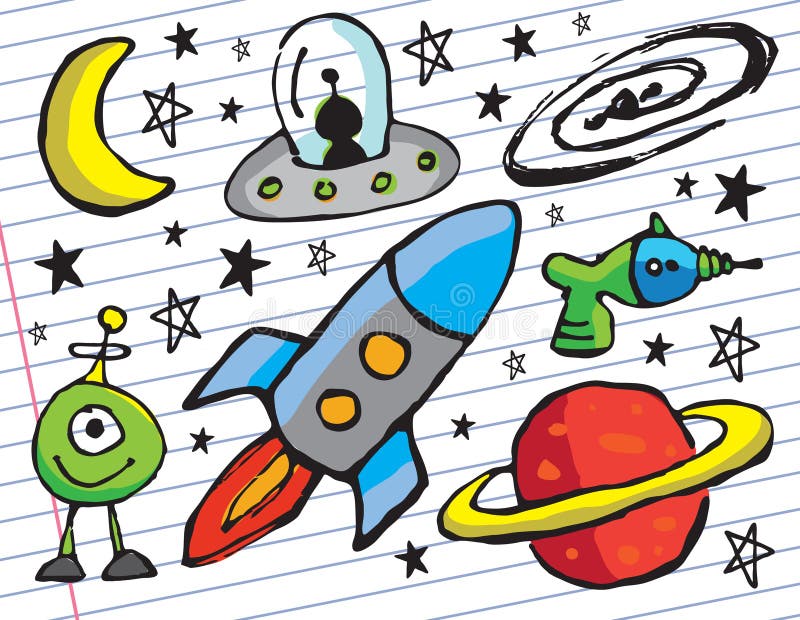 Space Doodles Icons Set. Hand Drawn Sketch with Solar System, Planets ...