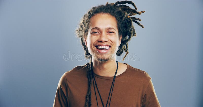 Space, Dreadlocks or Portrait of Happy Man in Studio for Skill ...
