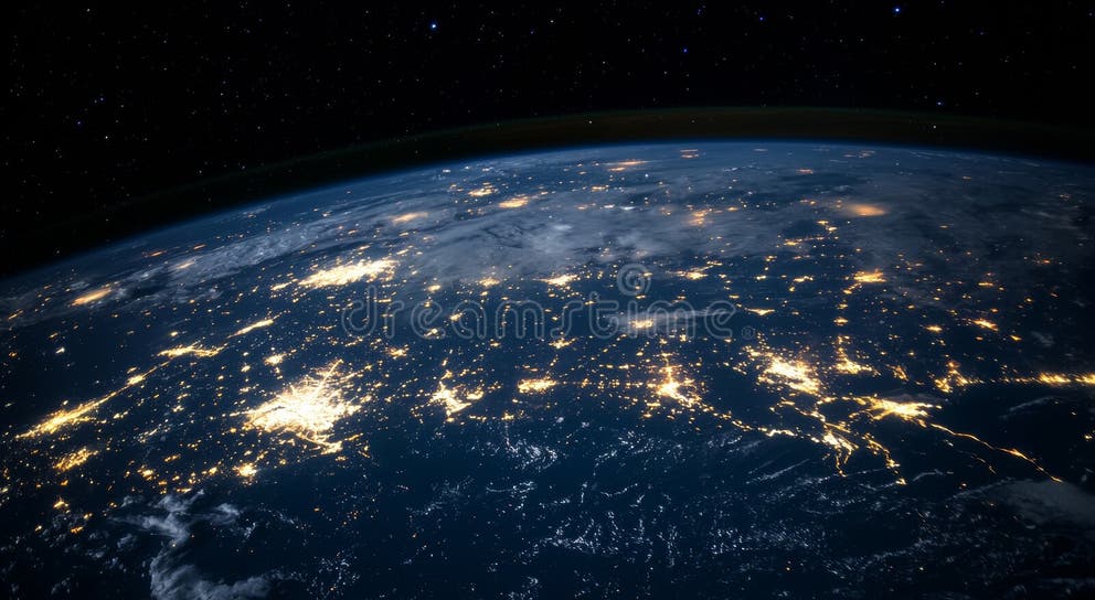 From Space, the Earth at Night Shines with the Lights of Cities. Stock ...
