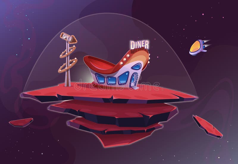 Space Eatery on an Asteroid. Space Cafeteria Building with Neon Sign in ...