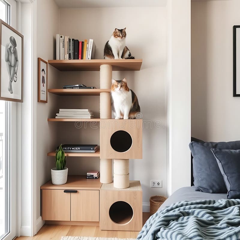 A Space Efficient Cat Tower with Built in Shelves Placed in a Cozy ...