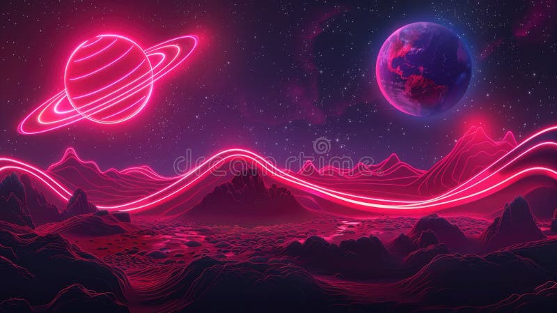 Space Elements in Modern Art, Futuristic Neon Sign with UFO, Geometric ...