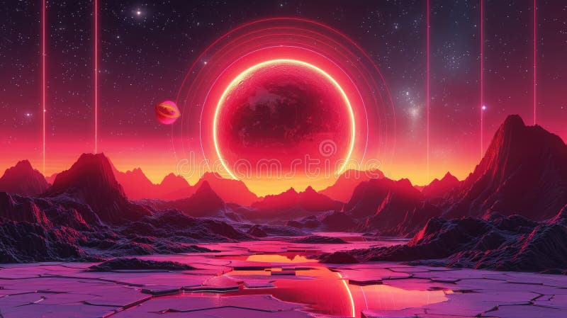 Space Elements in Modern Art, Futuristic Neon Sign with UFO, Geometric ...