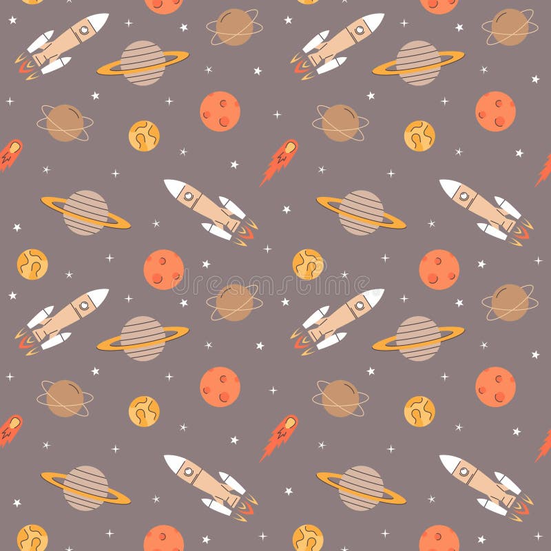 Space Elements Seamless Pattern with Rockets, Planets, Stars and Comet ...