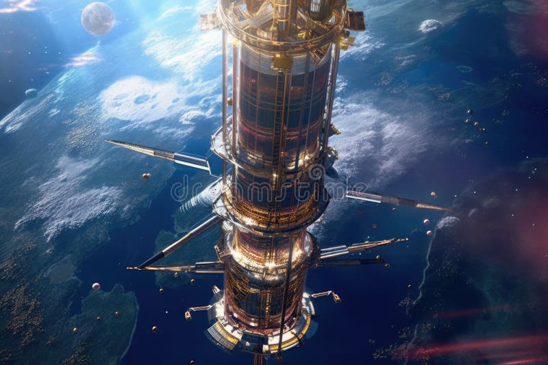 Space elevator connecting earth to a satellite hub, created with ...