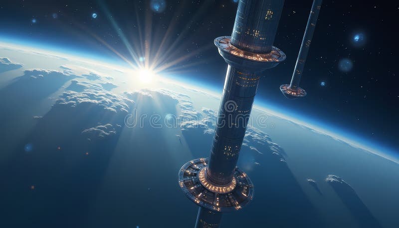 Space Elevator Connecting To Earth with Sunrise Stock Illustration - Illustration of ascend ...
