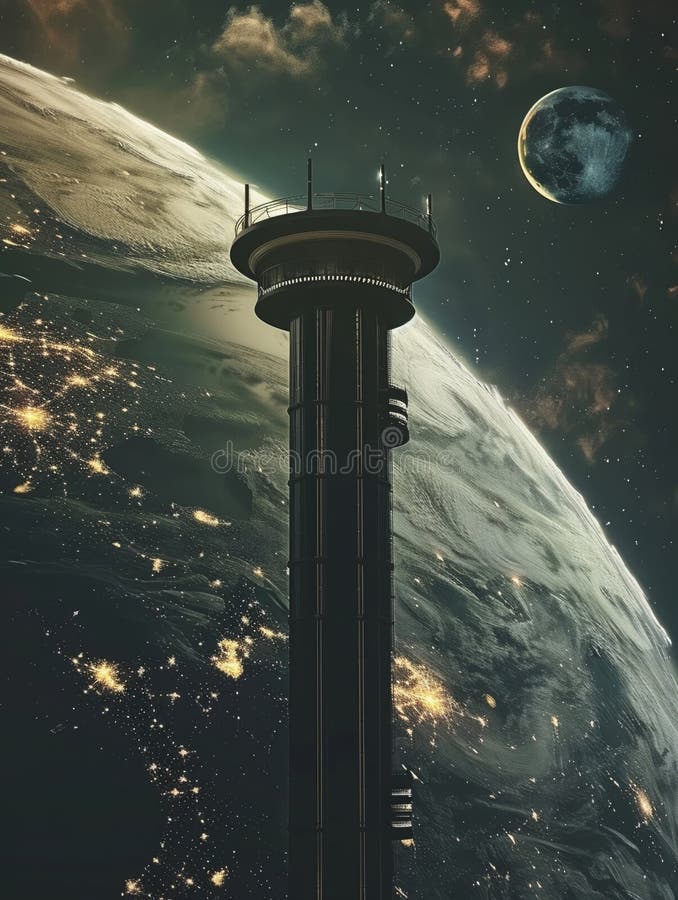 A Space Elevator with Platforms Offering Views of Earth the Moon Stock ...