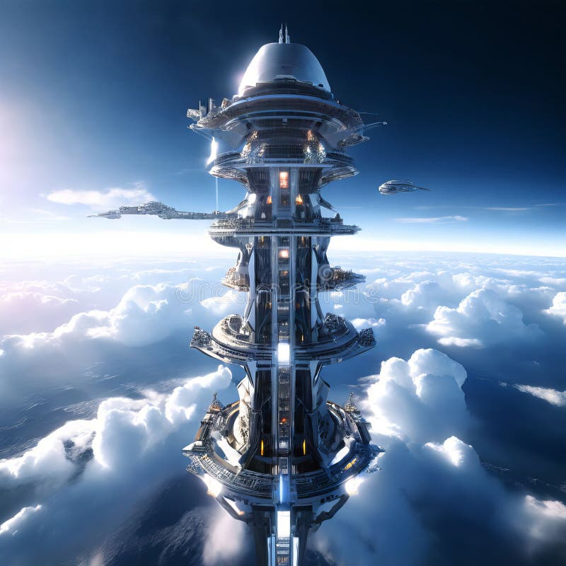 A Space Elevator Reaching Up To a Massive Space Platform Tranpo Stock ...