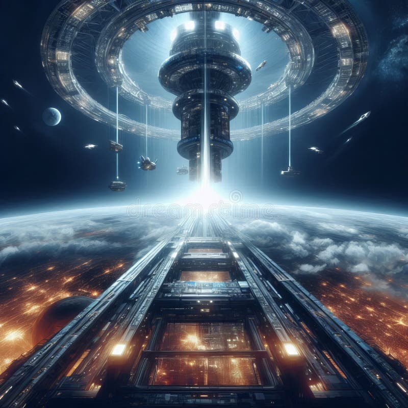 A Space Elevator Reaching Up To a Massive Space Platform, Tranp Stock ...