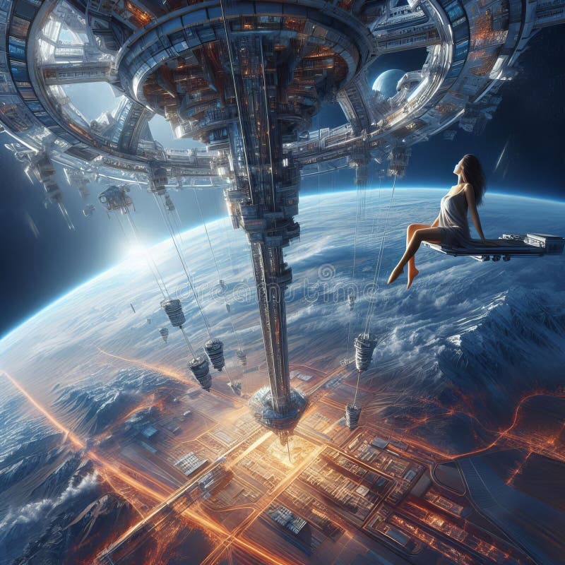 A Space Elevator Reaching Up To a Massive Space Platform, Tranp Stock ...