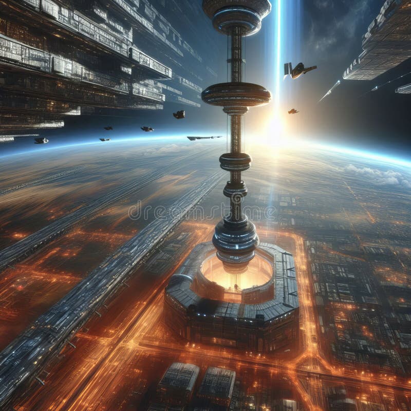 A Space Elevator Reaching Up To a Massive Space Platform, Tranp Stock ...