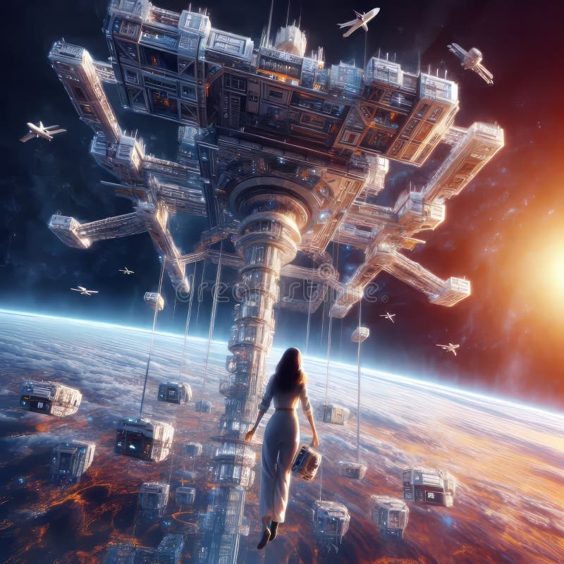 A Space Elevator Reaching Up To a Massive Space Platform, Tranp Stock Image - Image of rare ...