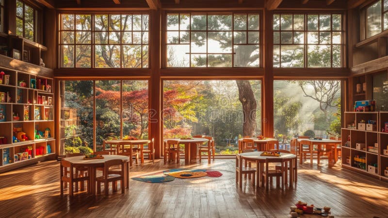 A Space Equipped with Tables, Chairs, and a Bookshelf. Stock Photo ...