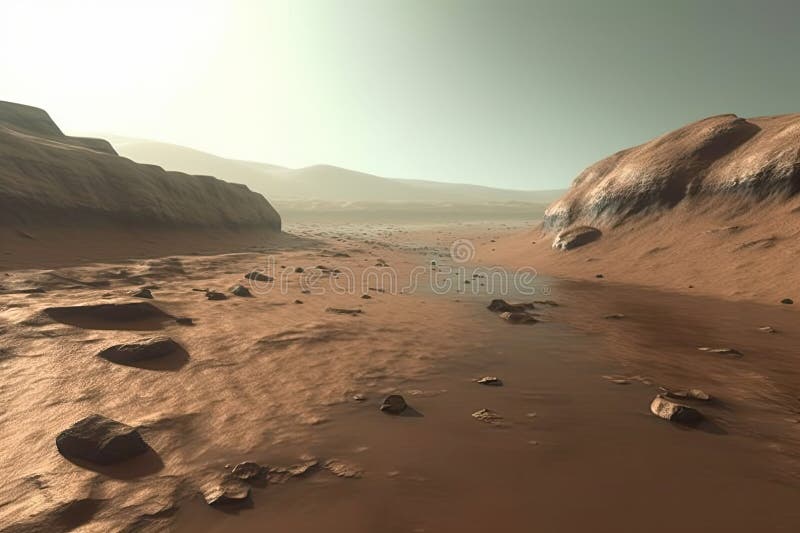 Red Planet Landscape with Water in Soil. Mars Colonization. Generative ...