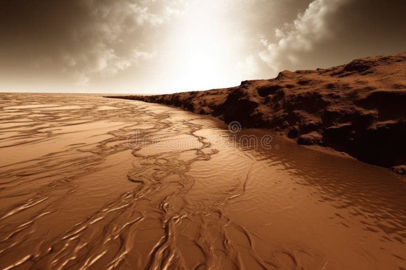 Red Planet Landscape with Water in Soil. Mars Colonization. Generative ...