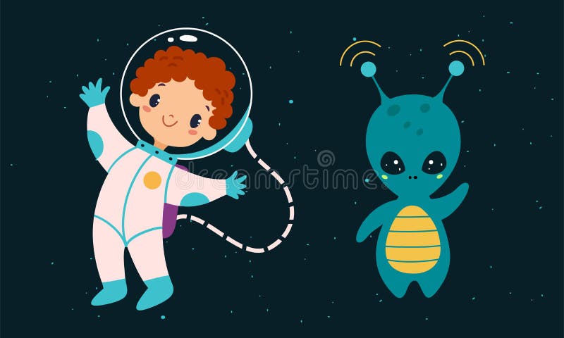 Space Exploration and Adventures. Boy Astronaut in Spacesuit and Alien ...