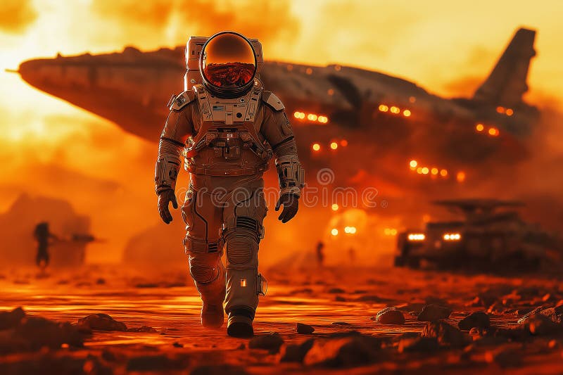 Space Exploration. an Astronaut in a Spacesuit Explores the Planet Mars ...