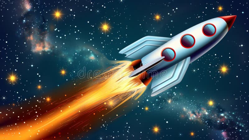 Space Exploration Cartoon Rocket Soaring through Galaxy with Stars and Nebula Clouds. Stock ...