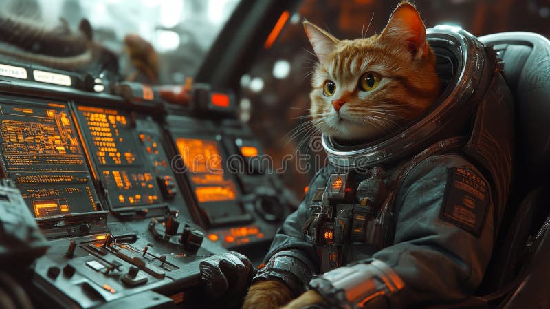 Space Exploration Cat in a Sleek Astronaut Suit at the Control Panel of ...