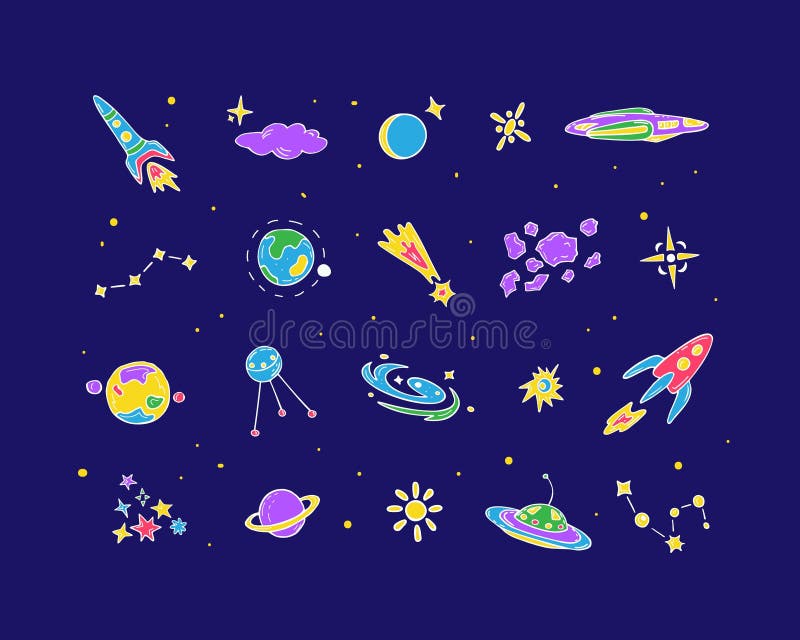 Space Exploration, Colored Doodle Set Stock Illustration - Illustration ...