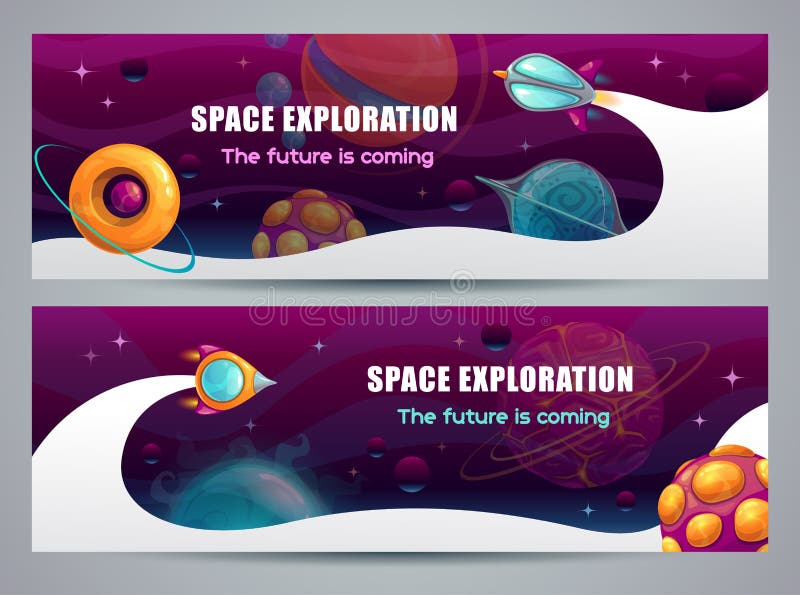 Space Exploration Concept, Horizontal Web Banner. Cartoon Rocket Launch ...