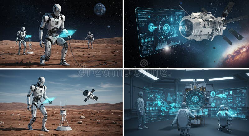 Space Exploration with Help of AI Robots Stock Illustration - Illustration of planets ...