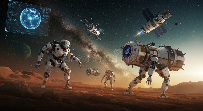 Space Exploration with Help of AI Robots Stock Illustration ...