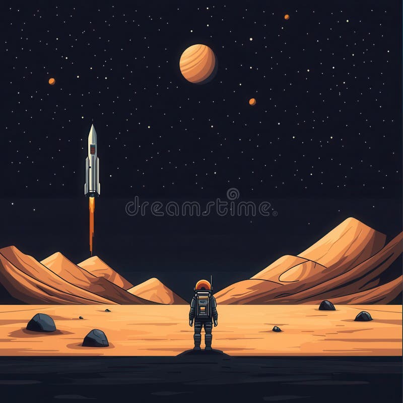 Space Exploration Pixel Art Flat Design, Front View, Sci-fi Theme ...