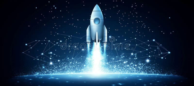 Space Exploration, Rocket Launch with AI Technology Network Over Blue ...