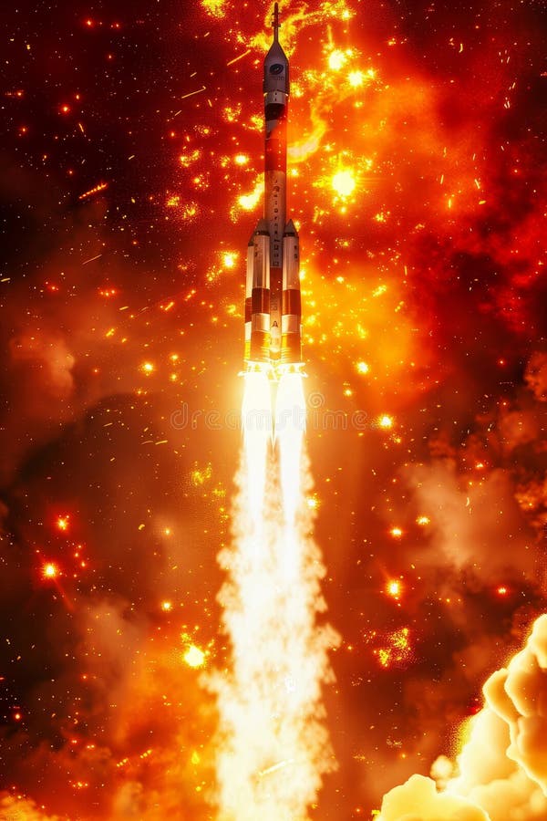 Space Exploration Rocket Launch, Trailing Smoke, and Fire Against a ...