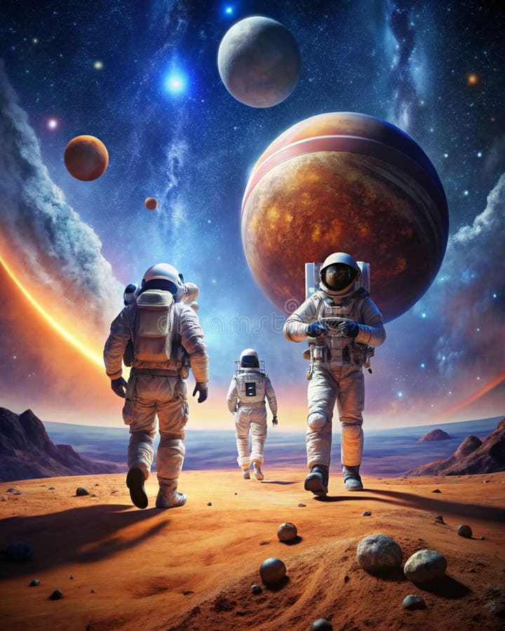 Space Exploration Scene with Astronauts and Planets Stock Illustration ...