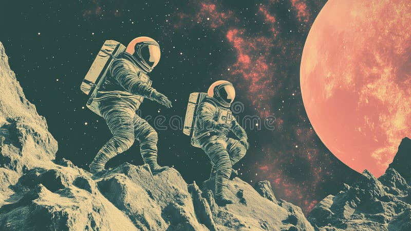 A Space Exploration Scene Featuring Astronauts in Vintage-style ...