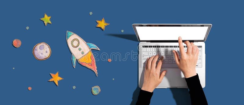 Space Exploration Theme with Rocket and Laptop Stock Illustration ...