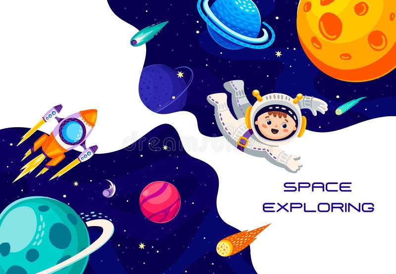 Space Explore Banner, Kid Astronaut in Outer Space Stock Vector ...