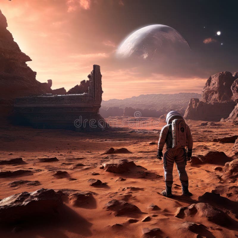 A Space Explorer Discovering a Lost Alien Civilization on a Des Stock ...